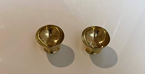 Family Cart Small Pure Brass Bowl Pyali Katori | Brass Roli Bowl | Chandan Katori with Base, Set of 2 Pieces for Religious Spiritual Diwali Navratri Laxmi Poojan - (Curved Shinee Design Gold Color)