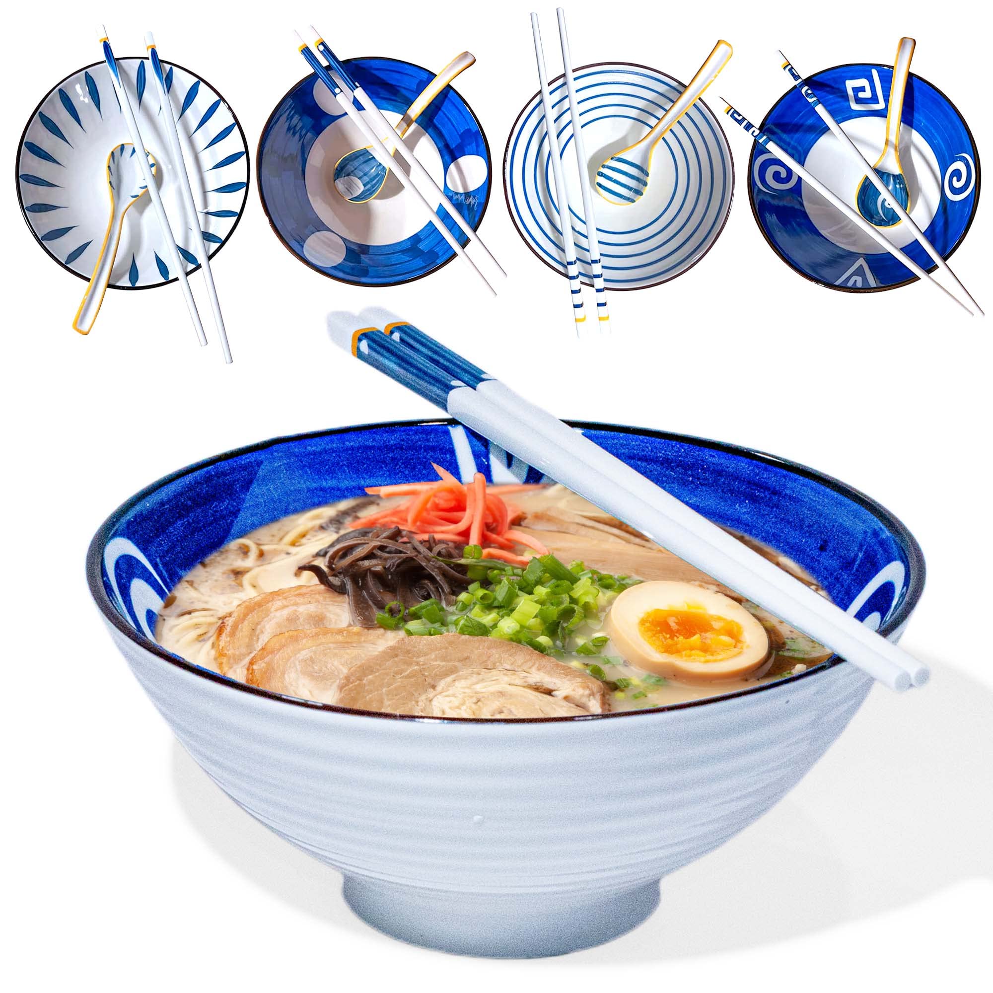 Set of 4 Ceramic Japanese Style Ramen Bowls with Chopsticks and Spoons Large Serving Bowl Set for Ramen, Udon Noodles, Miso Soup, Salad, Rice, Pho Home Dinnerwa