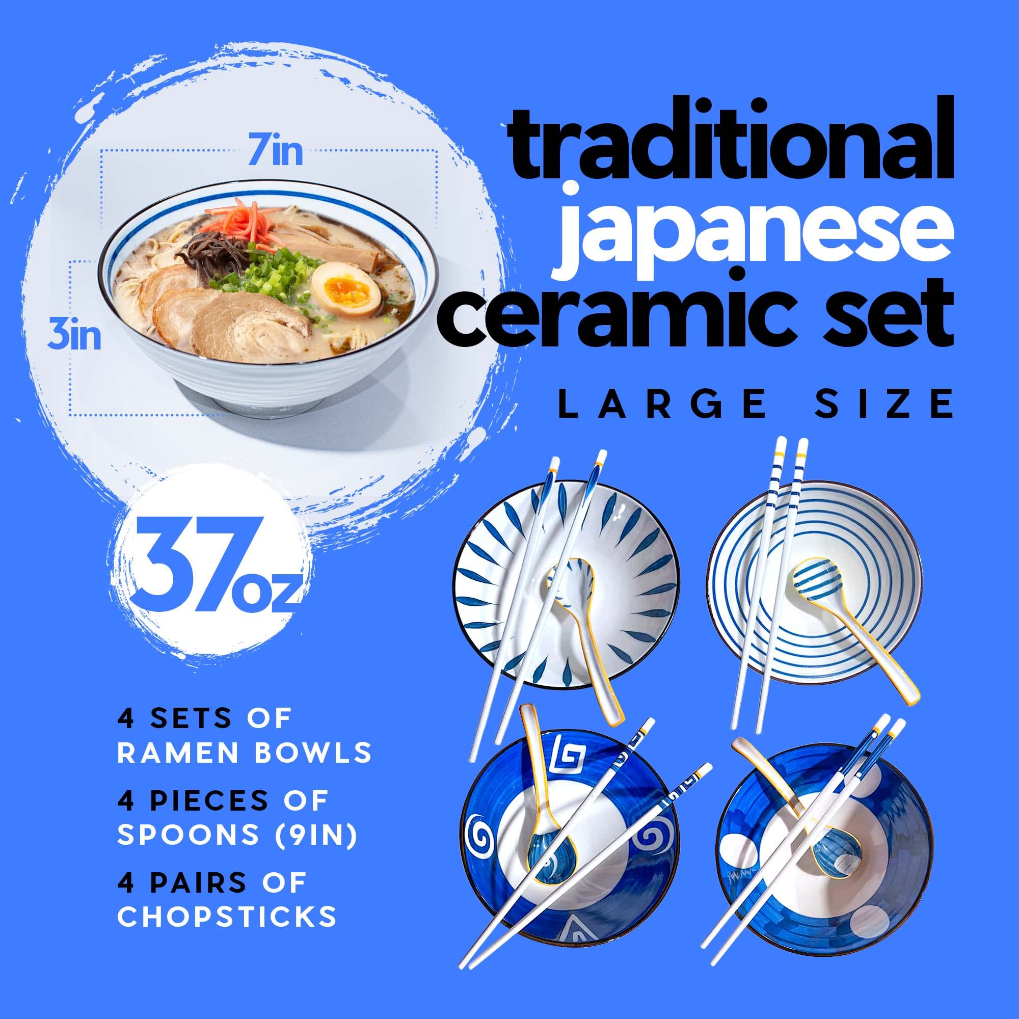 Set of 4 Ceramic Japanese Style Ramen Bowls with Chopsticks and Spoons Large Serving Bowl Set for Ramen, Udon Noodles, Miso Soup, Salad, Rice, Pho Home Dinnerwa