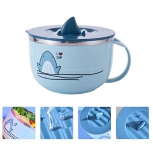 YARNOW 1000ml Noodle Bowl Stainless Steel Eating Bowl Shark Animal Style Blue Bowl Soup Breakfast Oat Grains Bowl with Lid Handle for Home