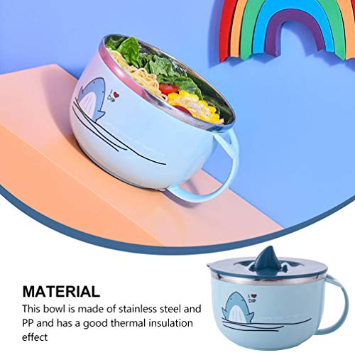 YARNOW 1000ml Noodle Bowl Stainless Steel Eating Bowl Shark Animal Style Blue Bowl Soup Breakfast Oat Grains Bowl with Lid Handle for Home