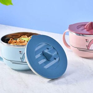 YARNOW 1000ml Noodle Bowl Stainless Steel Eating Bowl Shark Animal Style Blue Bowl Soup Breakfast Oat Grains Bowl with Lid Handle for Home