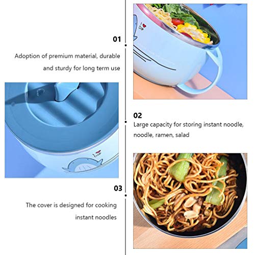 YARNOW 1000ml Noodle Bowl Stainless Steel Eating Bowl Shark Animal Style Blue Bowl Soup Breakfast Oat Grains Bowl with Lid Handle for Home