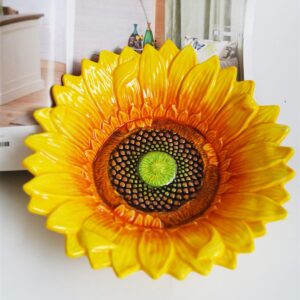 FORLONG Ceramic Medium Fruit Bowl Dessert Cake Candy Snack Plate, Hand Painted Sunflower-shaped Decorative Bowl, Art Tabletop Home Décor -10.8inches