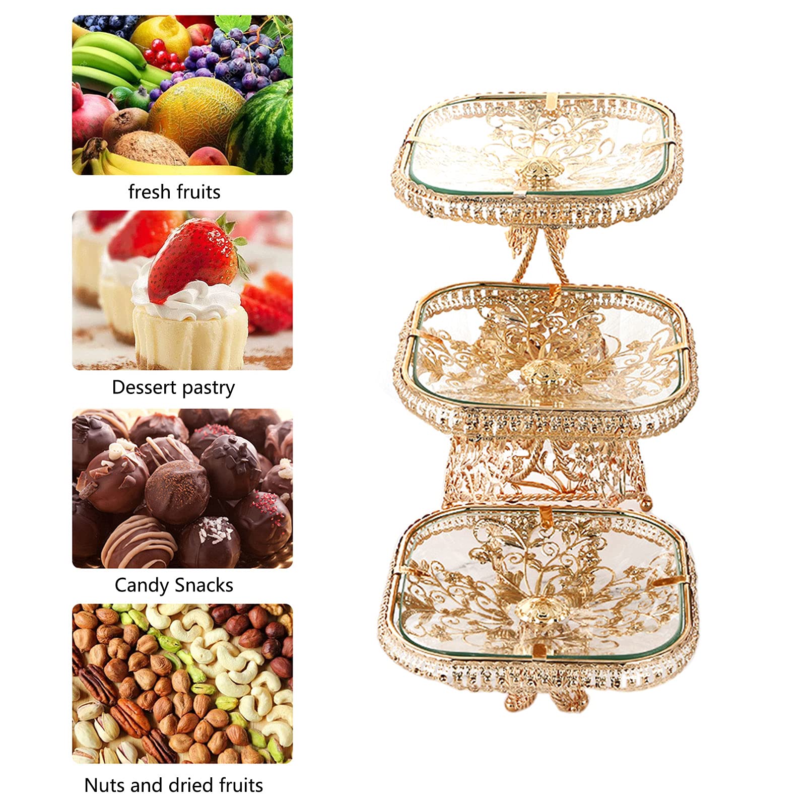 WANLECY 3-Tier Metal Glass Fruit Stand, Modern Palace Style Tabletop Fruit Bowl Plate Gold Decorative Table Centerpiece Holder Stand Fruit Dried Candy Bowl Party Wedding Decor