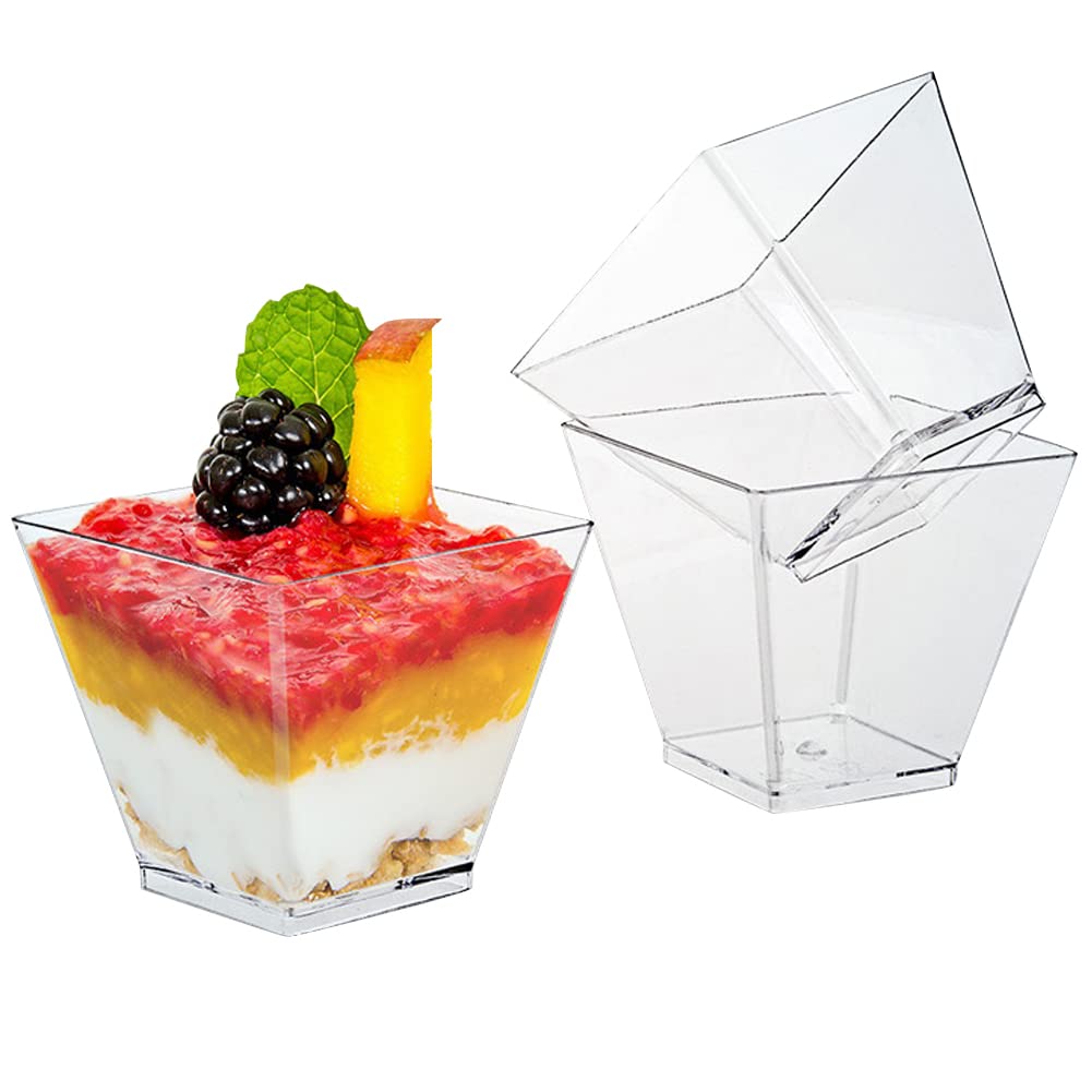 HOUSEEN Dessert Cup, 50pcs Dessert Cups Container 58ml with Spoons, Cake Serving Bowl Mini Appetizer Bowls Clear Parfait Cups for Party Event and Catering