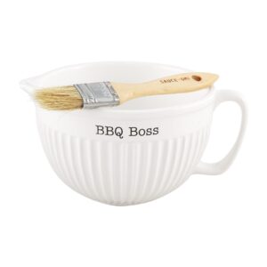 mud pie circa bbq pitcher sauce set, white, bowl 4" x 8" dia | brush 6 1/2"