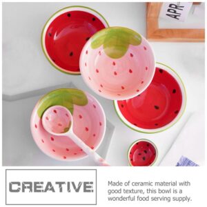 Hemoton Ceramic Salad Bowl with Spoon Strawberry Fruit Shape Ice Cream Cups Dessert Bowl Snack Bowl Fruit Bowl Appetizer Plates for Soup Cereal Nuts Oatmeal Fruit Prep