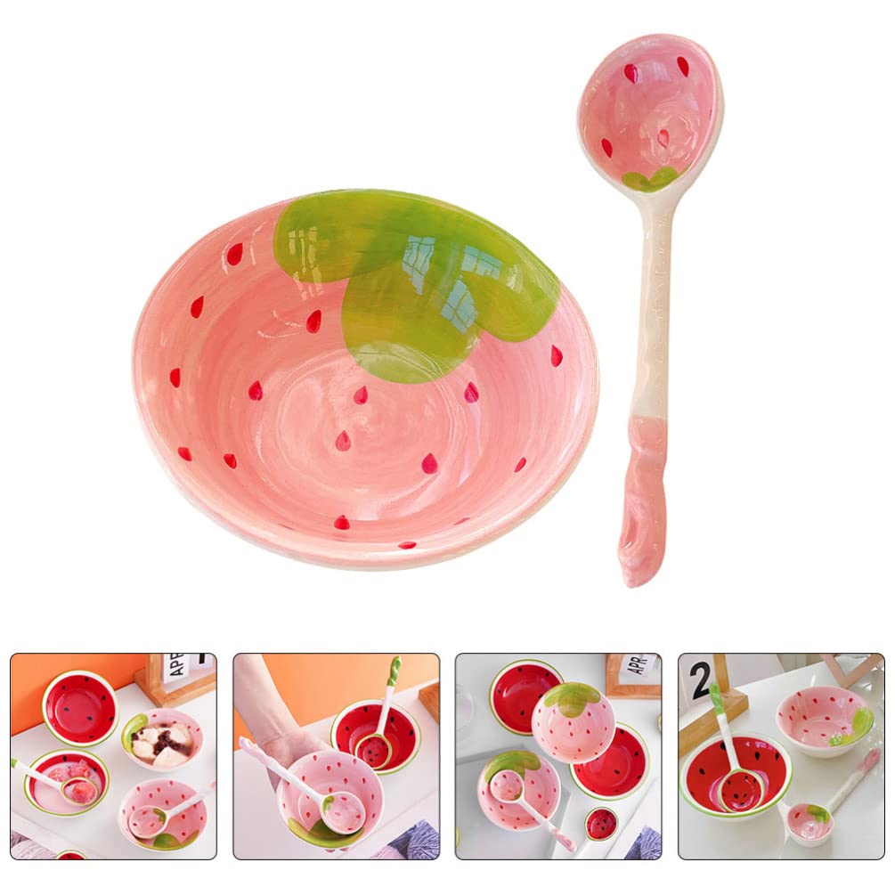 Hemoton Ceramic Salad Bowl with Spoon Strawberry Fruit Shape Ice Cream Cups Dessert Bowl Snack Bowl Fruit Bowl Appetizer Plates for Soup Cereal Nuts Oatmeal Fruit Prep