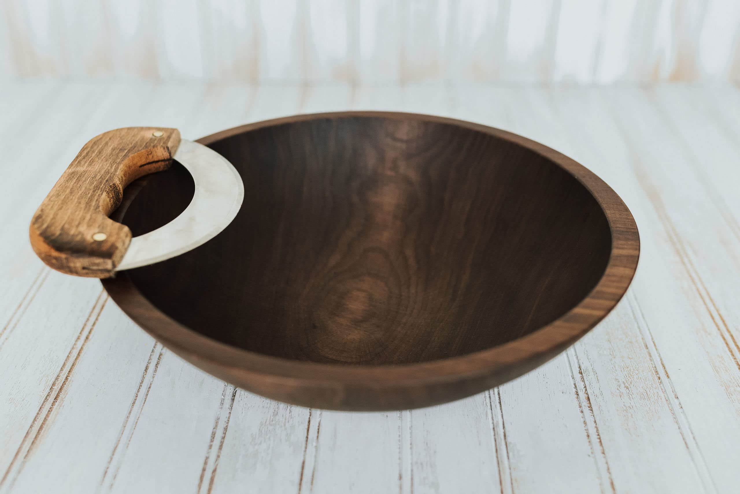 Holland Bowl Mill Walnut Wood Chopping Bowl Set - 12 Inch Walnut Bowl & Mezzaluna (Ulu) Knife