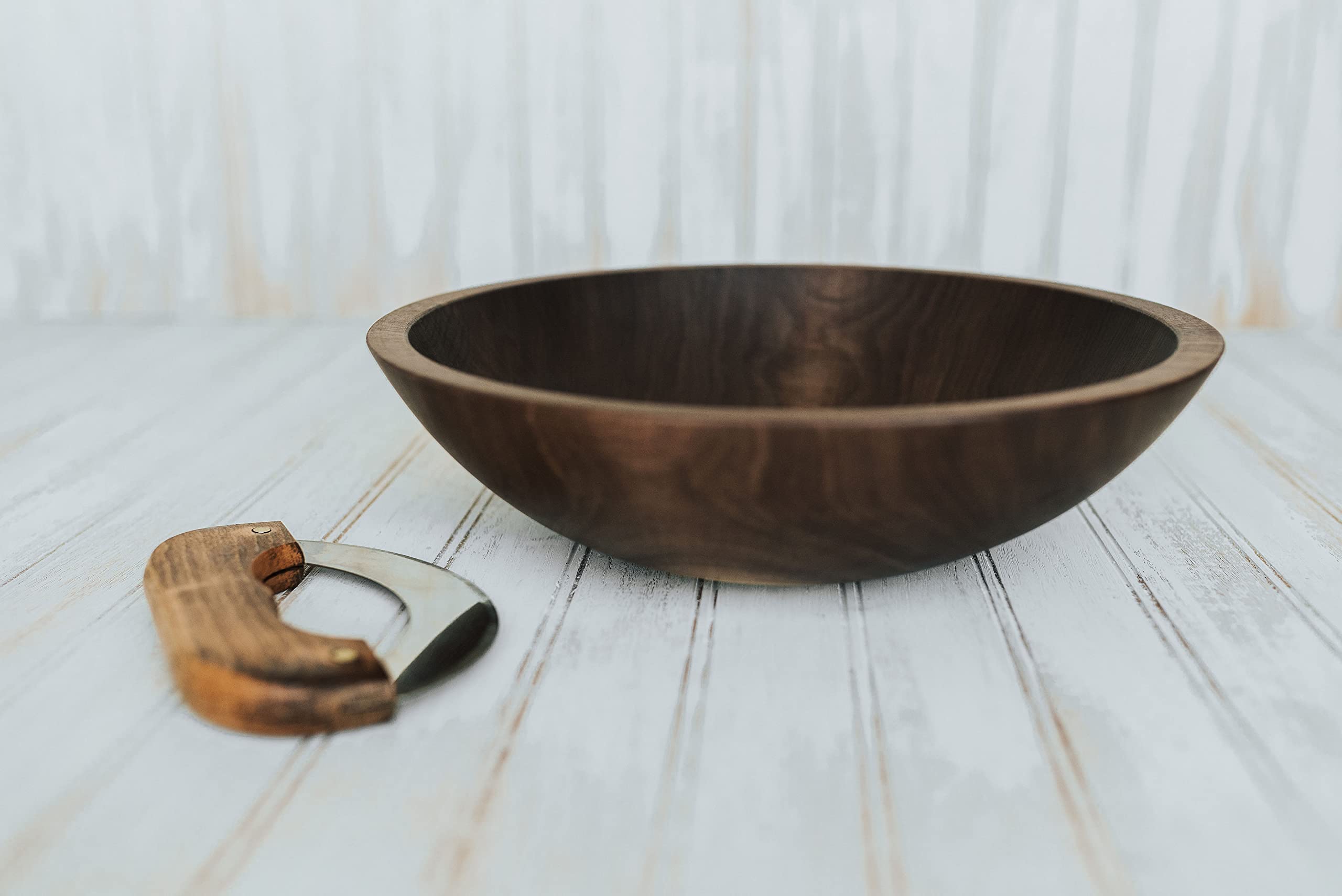 Holland Bowl Mill Walnut Wood Chopping Bowl Set - 12 Inch Walnut Bowl & Mezzaluna (Ulu) Knife