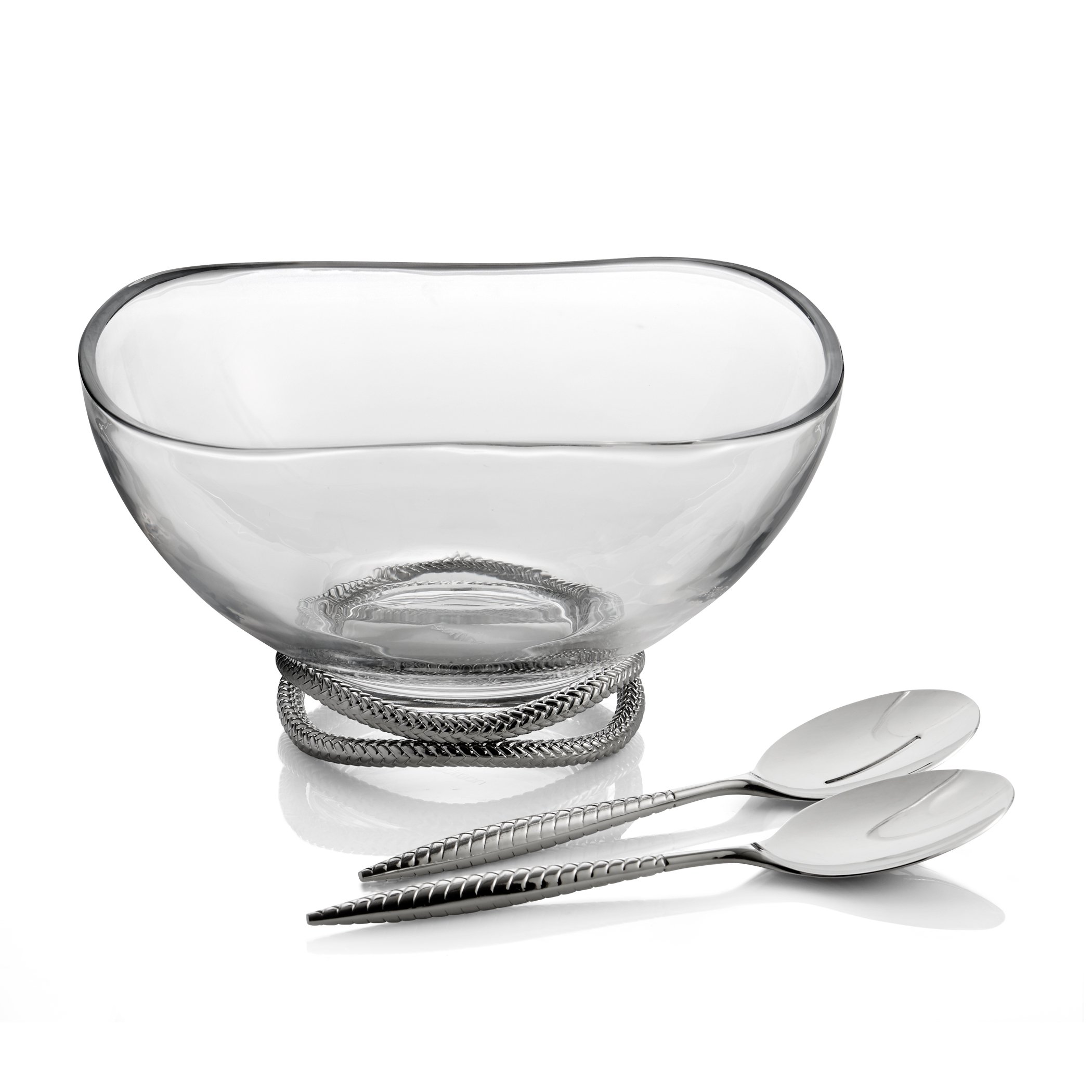 nambe Braid Glass Salad Bowl with Servers | Large 12-Inch Mixing and Serving Dish | Thick Glass Bowl for Salads, Fruit, and More | Stainless Steel Serving Spoons | Dishwasher Safe