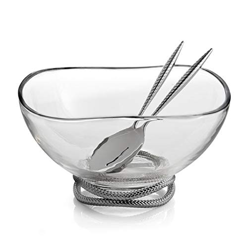 nambe Braid Glass Salad Bowl with Servers | Large 12-Inch Mixing and Serving Dish | Thick Glass Bowl for Salads, Fruit, and More | Stainless Steel Serving Spoons | Dishwasher Safe