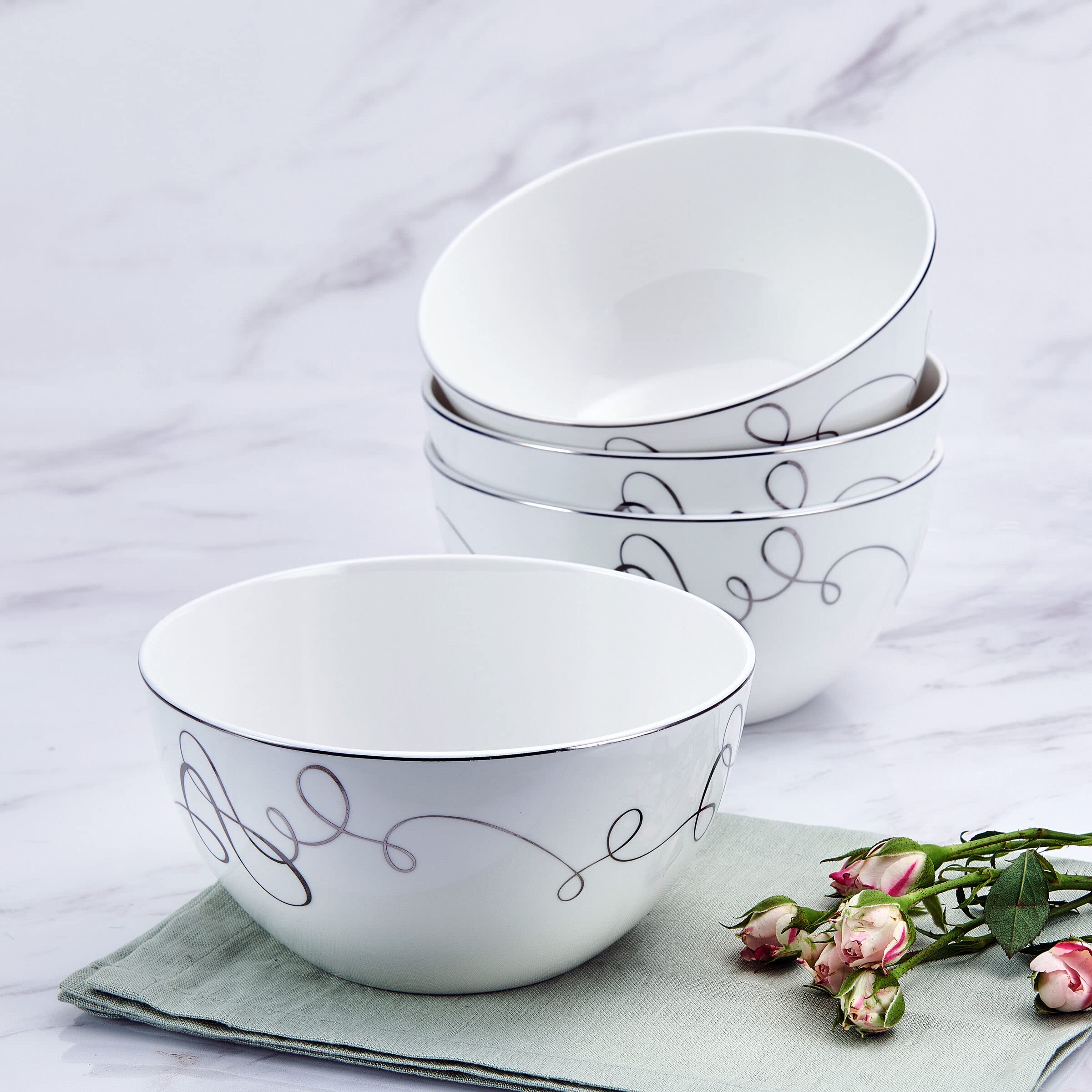 Mikasa Love Story Platinum Banded All Purpose Bowls, Set of 4, White