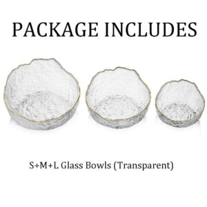 Glasseam Glass Salad Bowls, Clear Serving Bowls Set of 3, Blown Decorative Bowl for Home Decor Modern Cute Mixing Bowls Stacking Fruit Punch Bowl Decor for Kitchen Party Candy Snack Prep Dessert