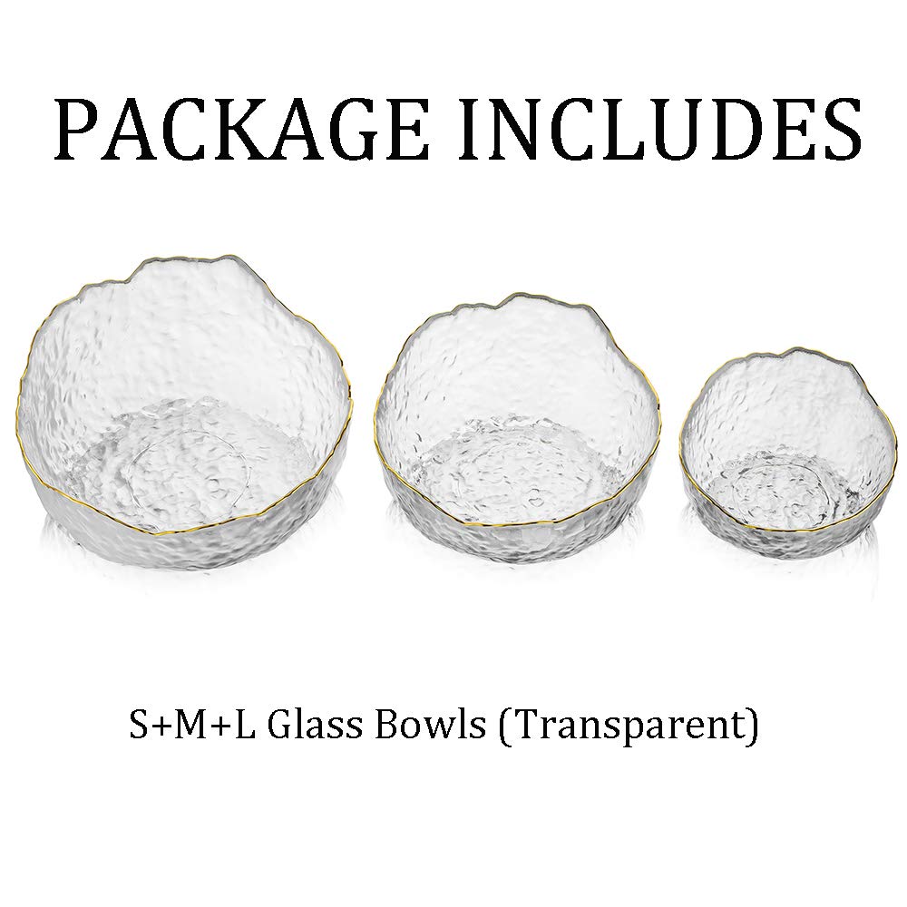 Glasseam Glass Salad Bowls, Clear Serving Bowls Set of 3, Blown Decorative Bowl for Home Decor Modern Cute Mixing Bowls Stacking Fruit Punch Bowl Decor for Kitchen Party Candy Snack Prep Dessert