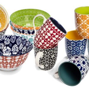 Annovero Mugs, Cereal Bowls. Cute and Colorful Porcelain Dishes for Kitchen, Microwave and Oven Safe. Bundle