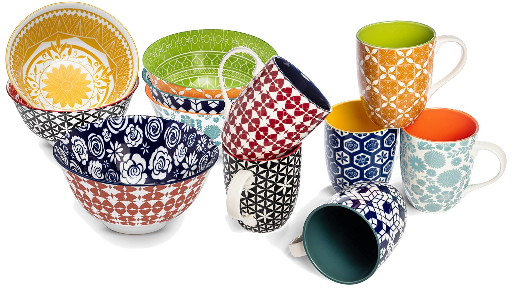 Annovero Mugs, Cereal Bowls. Cute and Colorful Porcelain Dishes for Kitchen, Microwave and Oven Safe. Bundle