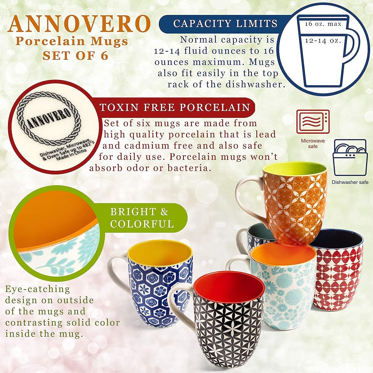 Annovero Mugs, Cereal Bowls. Cute and Colorful Porcelain Dishes for Kitchen, Microwave and Oven Safe. Bundle