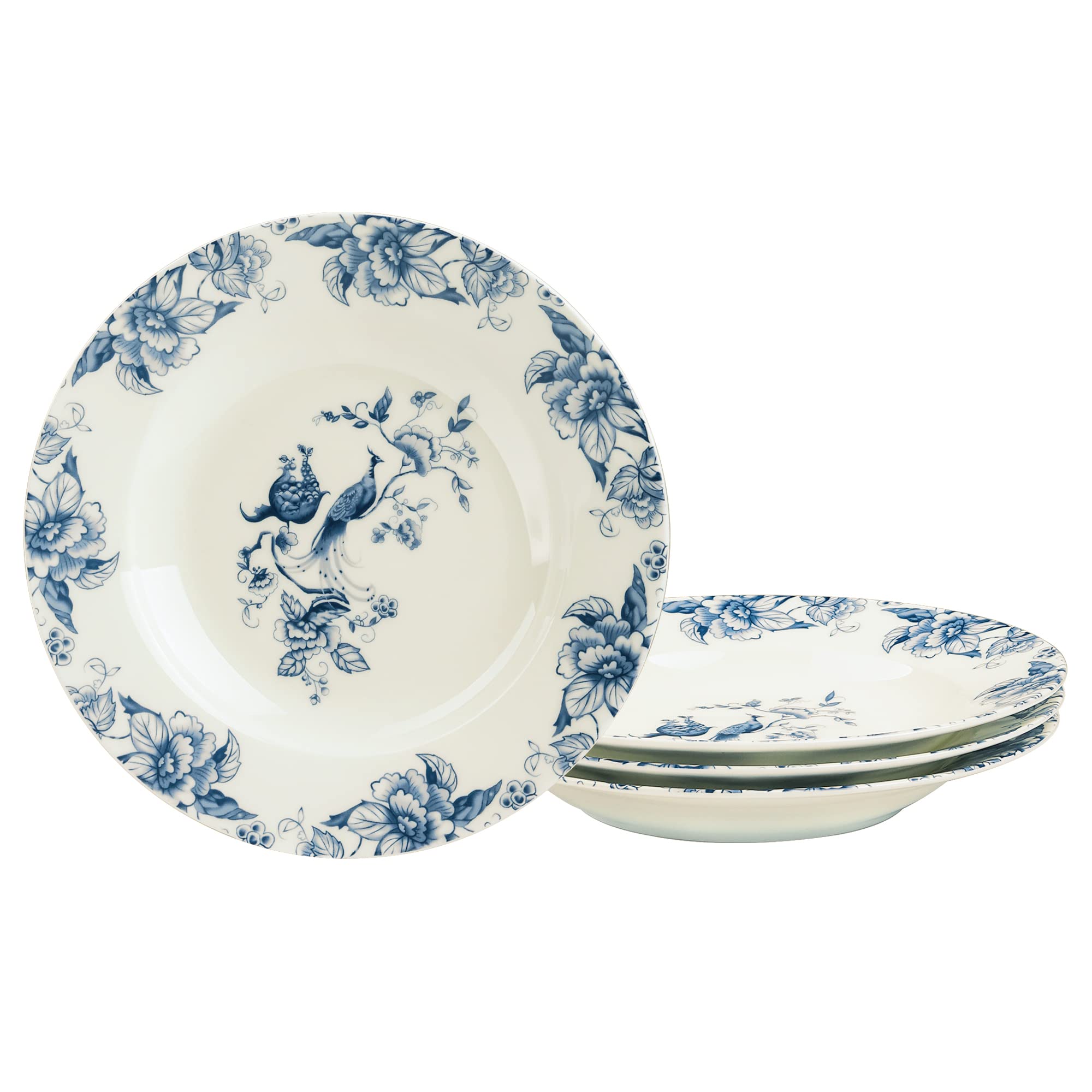 fanquare 8" Bone China Soup Bowls Set of 4, Rimmed Soup Plates Set for Salad, Pasta, Ramen, Blue Porcelain Floral Deep Plates