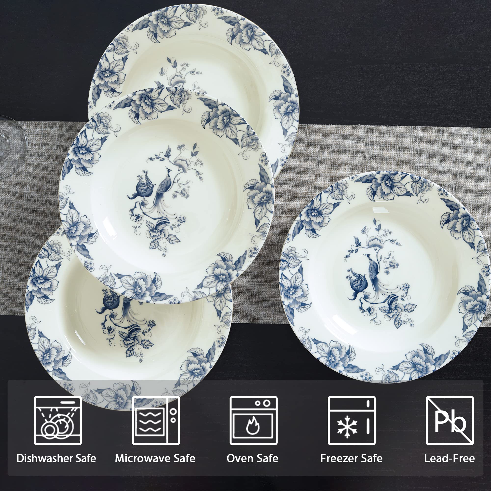 fanquare 8" Bone China Soup Bowls Set of 4, Rimmed Soup Plates Set for Salad, Pasta, Ramen, Blue Porcelain Floral Deep Plates