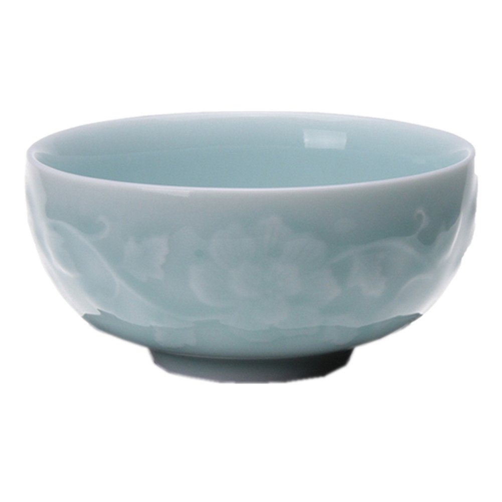 Chinese Rice Bowl 10oz Celadon Dinnerware Engraved Peony 4.5Inch Porcelain(1, Sky Blue)