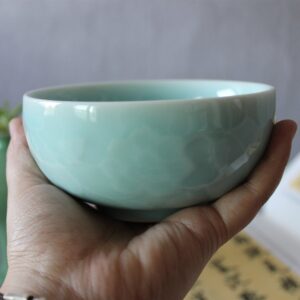 Chinese Rice Bowl 10oz Celadon Dinnerware Engraved Peony 4.5Inch Porcelain(1, Sky Blue)