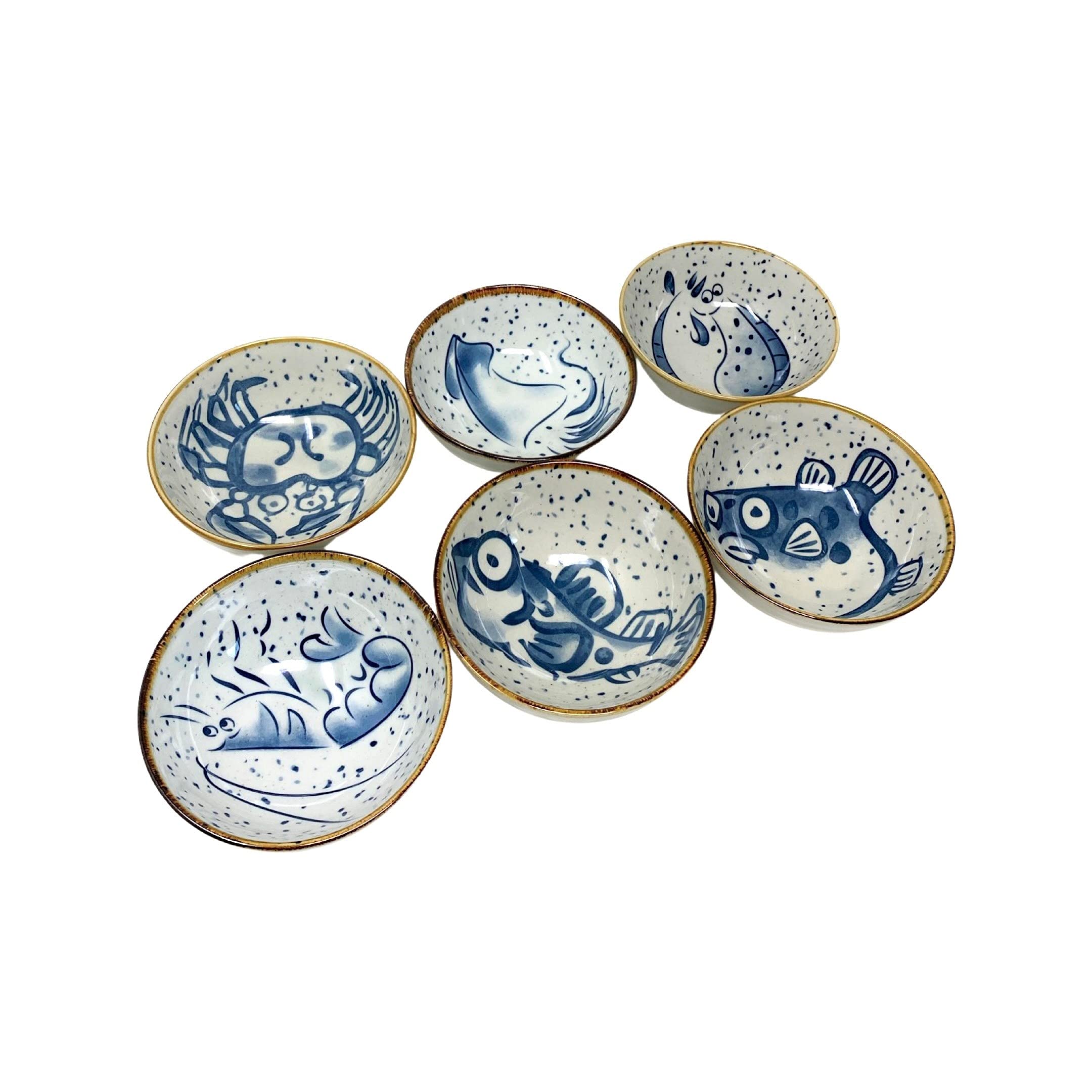 TJ Global Set of 6 Traditional Japanese Pottery Ceramic Bowls with Different Fish Designs for Rice, Salad, Soup, Cereal, Snacks, Ice Cream - 10 Fluid Ounce Capacity