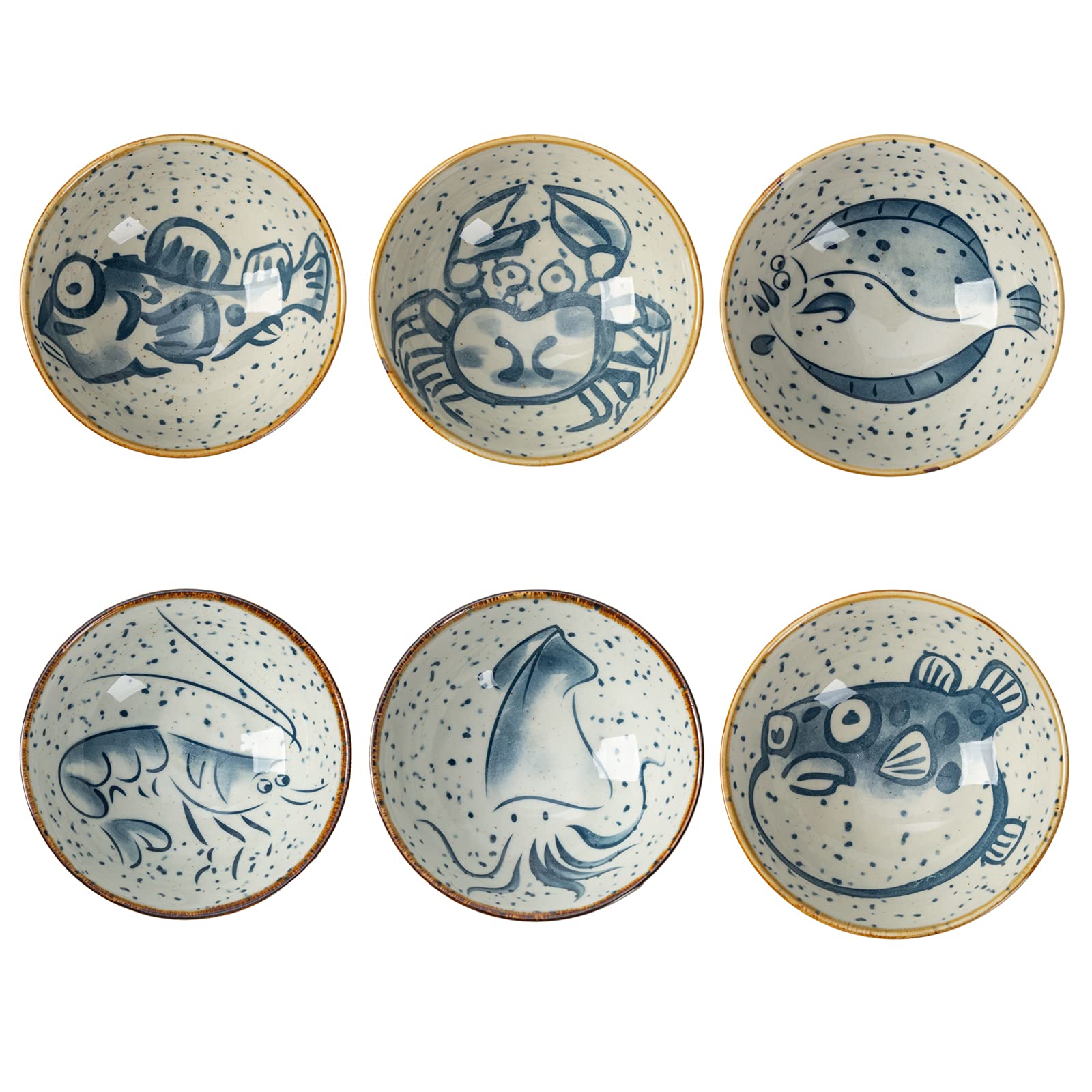 TJ Global Set of 6 Traditional Japanese Pottery Ceramic Bowls with Different Fish Designs for Rice, Salad, Soup, Cereal, Snacks, Ice Cream - 10 Fluid Ounce Capacity