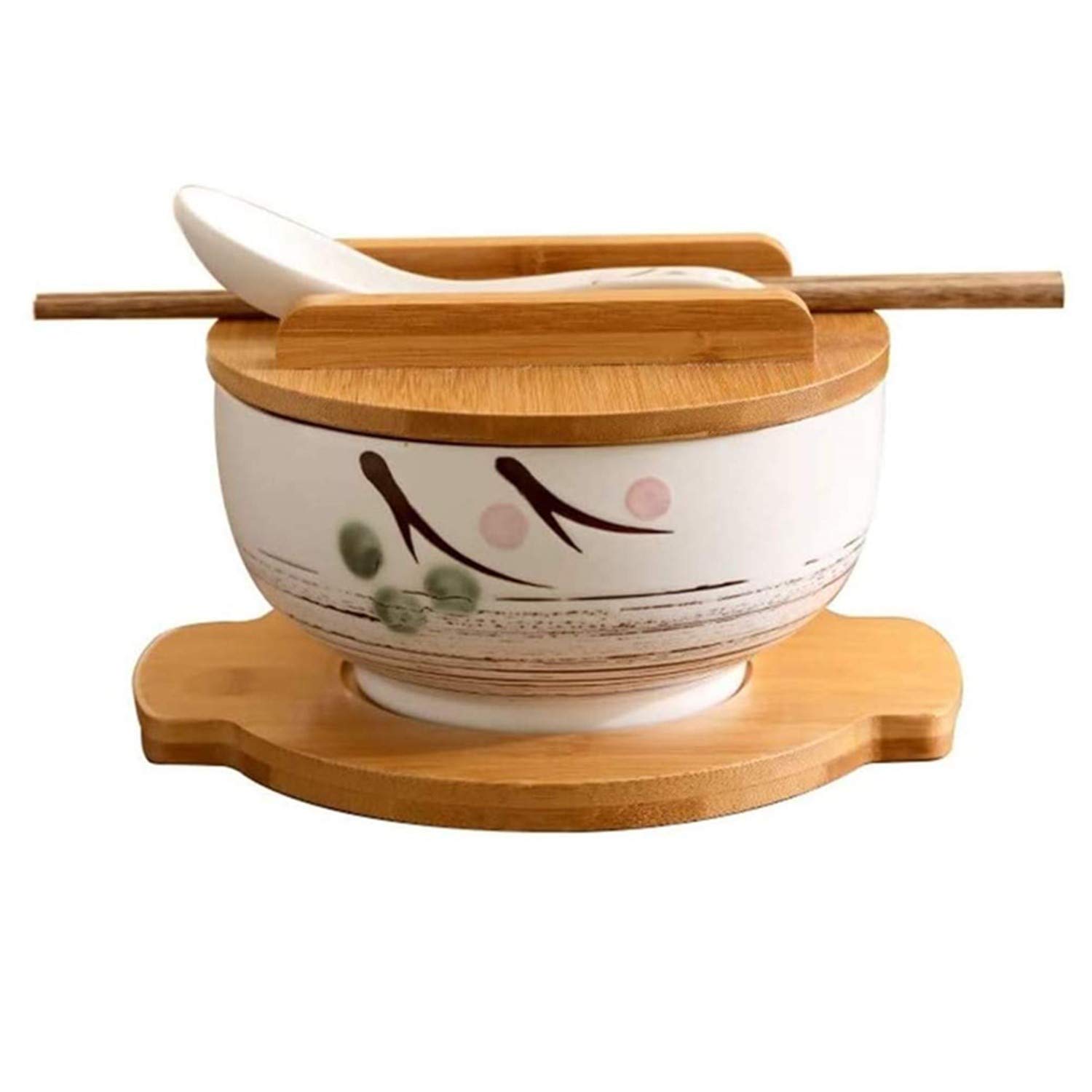 Yeking Japanese Ramen Bowls with Lid Spoon, Ceramic Ramen Bowl Hand Drawn Rice Bowl Retro Tableware Noodle Bowl 6.5 inch (White-DZ)