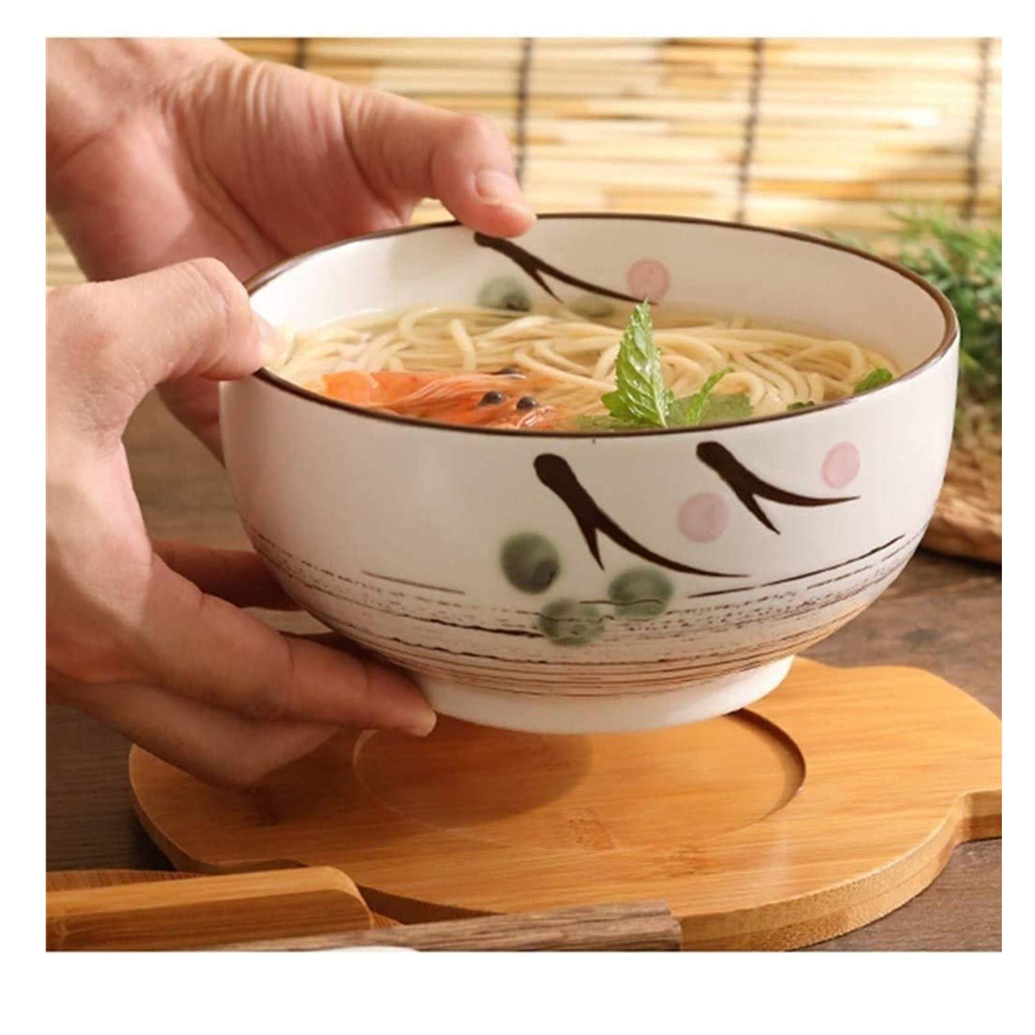 Yeking Japanese Ramen Bowls with Lid Spoon, Ceramic Ramen Bowl Hand Drawn Rice Bowl Retro Tableware Noodle Bowl 6.5 inch (White-DZ)