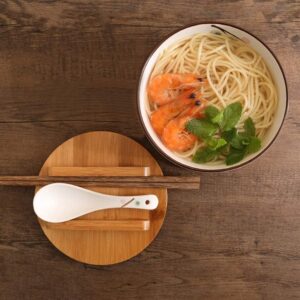 Yeking Japanese Ramen Bowls with Lid Spoon, Ceramic Ramen Bowl Hand Drawn Rice Bowl Retro Tableware Noodle Bowl 6.5 inch (White-DZ)