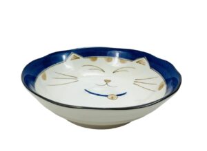 japanbargain 2562, japanese porcelain shallow soup bowl for dinner lunch rice poke donburi udon ramen noodle pasta cereal maneki neko lucky cat pattern for cat lovers made in japan, 6.75-inch, blue