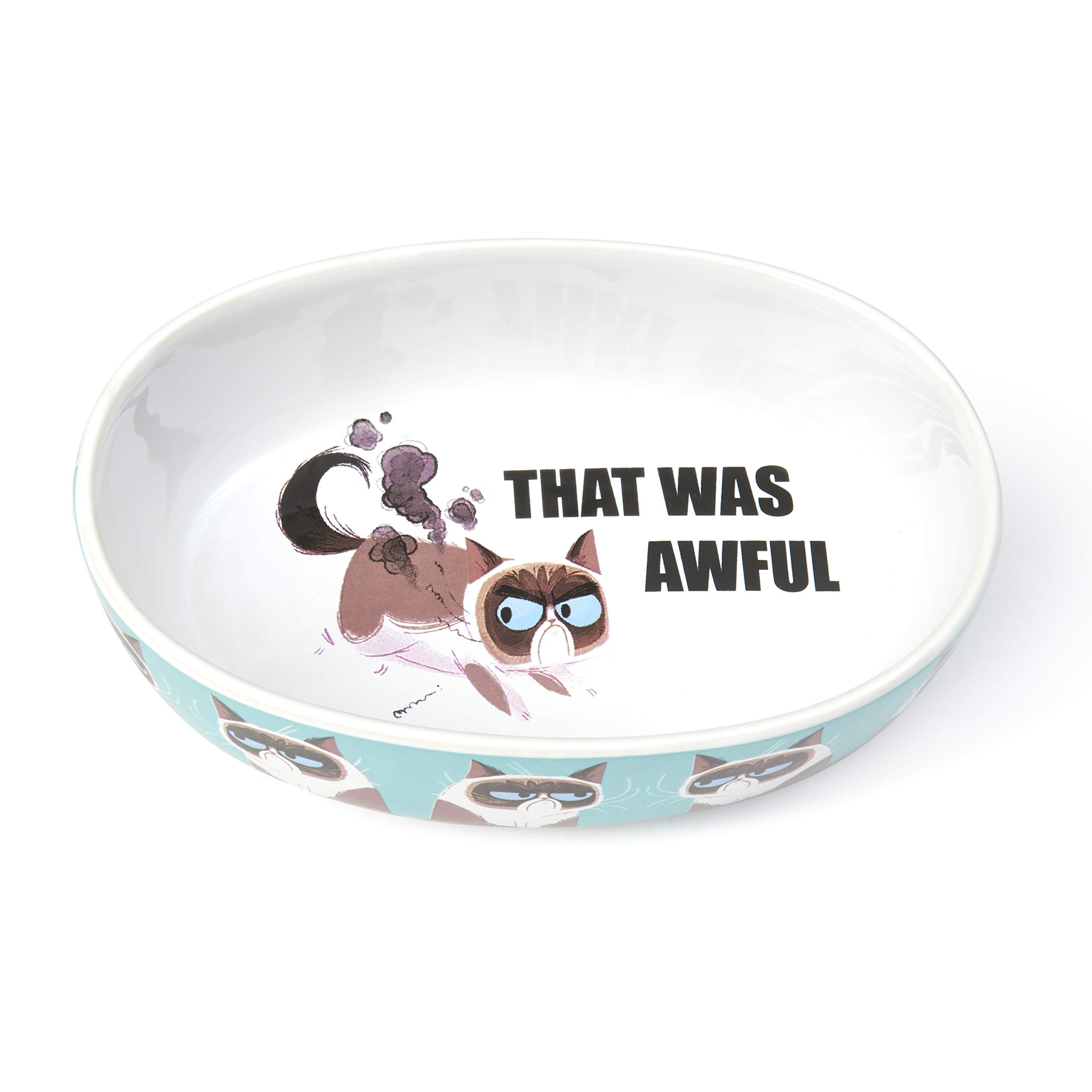 PetRageous G16093 Grumpy Cat Oval Dishwasher Safe Cat Stoneware Cat Bowl 6.5-Inch Long 4-Inch Wide 2-Inch Tall 2-Cups Capacity for Cats with Grumpy Cat Logos and Catch Phrase