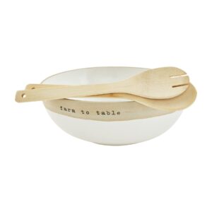 mud pie stoneware salad bowl set, white, bowl 4 1/2" x 12" dia | utensils 11 1/2"