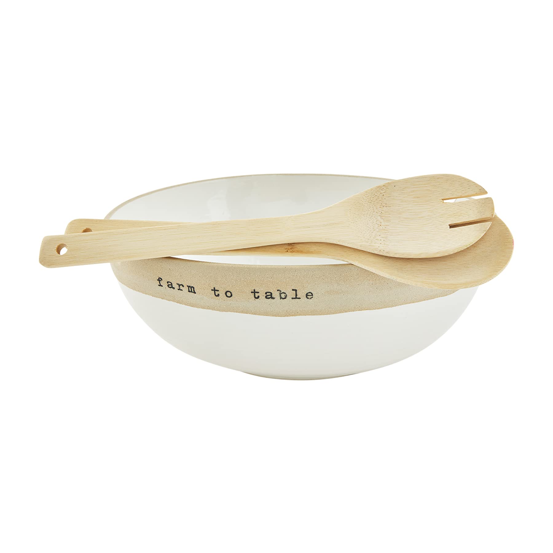 Mud Pie Stoneware Salad Bowl Set, White, bowl 4 1/2" x 12" dia | utensils 11 1/2"