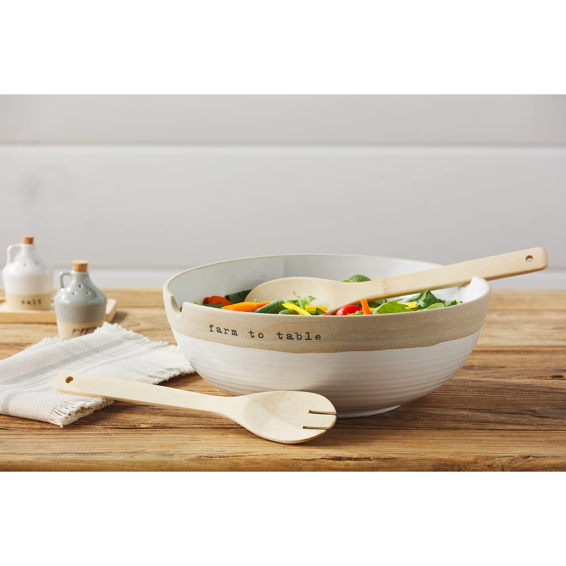 Mud Pie Stoneware Salad Bowl Set, White, bowl 4 1/2" x 12" dia | utensils 11 1/2"