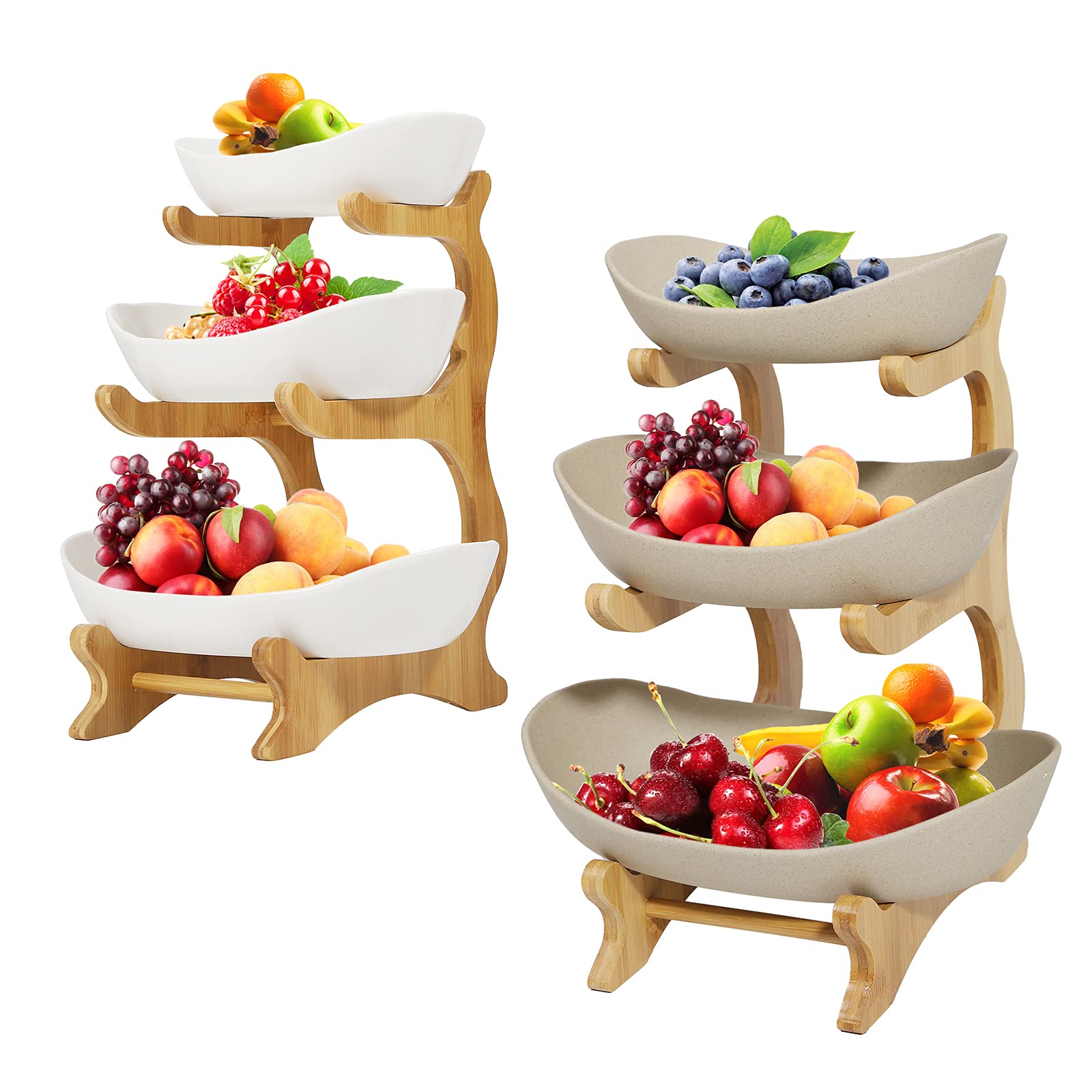 DNYSYSJ 3 Tier Ceramic Fruit Plate Bowl with Bamboo Wood Stand,Fruit&Vegetable Candy Dish Decor Basket Large Capacity Vegetable Storage Stand Snacks Rack Tray Plate Rack for Party Wedding,White