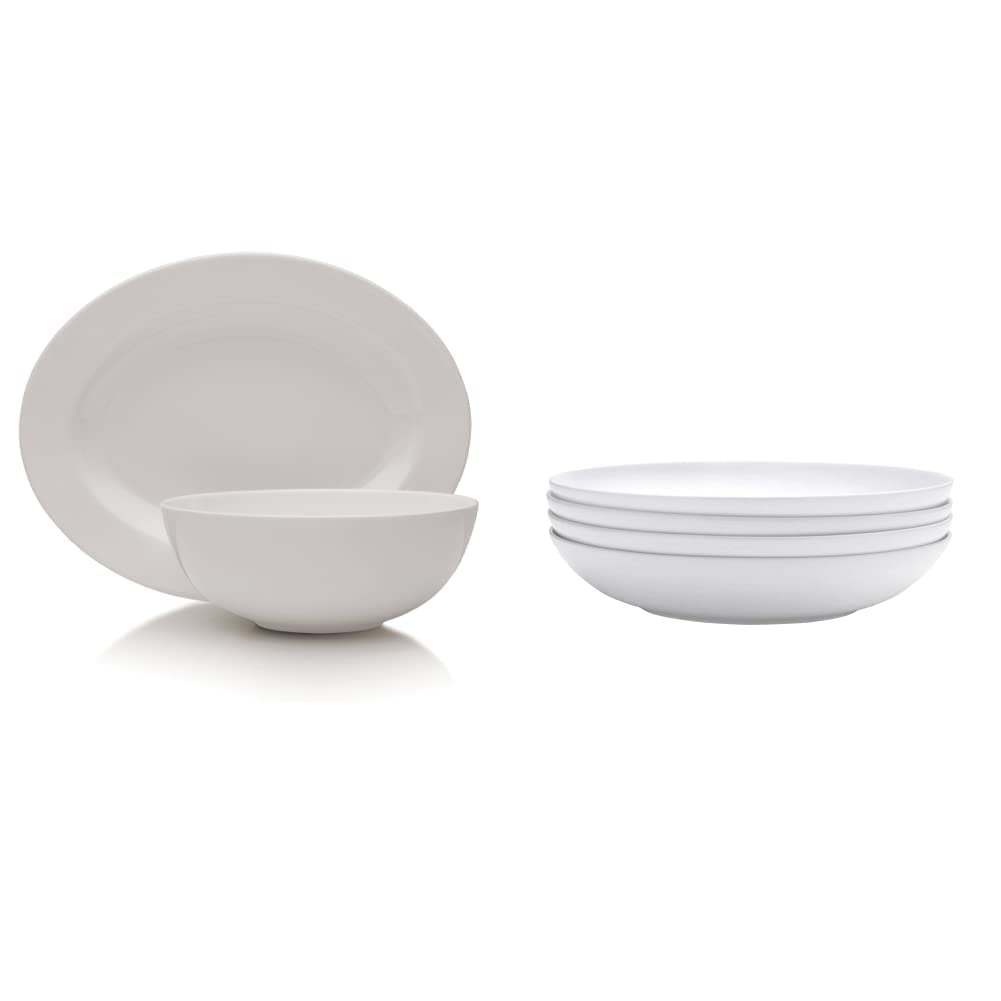 Mikasa Delray 14-Inch Oval Platter and 9-Inch Vegetable Bowl Set, White Delray Bone China Pasta Bowl, 9-Inch, Set Of 4, White -,220 milliliters