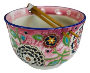 ebros mandala floral blooms with pink polkadot art splash ramen udon noodles large 6.25" diameter soup bowl with built in rest and bamboo chopsticks set for rice pasta salad