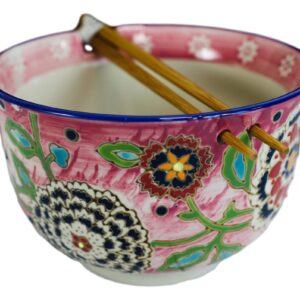 Ebros Mandala Floral Blooms With Pink Polkadot Art Splash Ramen Udon Noodles Large 6.25" Diameter Soup Bowl With Built In Rest and Bamboo Chopsticks Set for Rice Pasta Salad