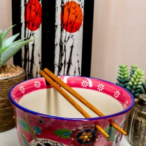 Ebros Mandala Floral Blooms With Pink Polkadot Art Splash Ramen Udon Noodles Large 6.25" Diameter Soup Bowl With Built In Rest and Bamboo Chopsticks Set for Rice Pasta Salad