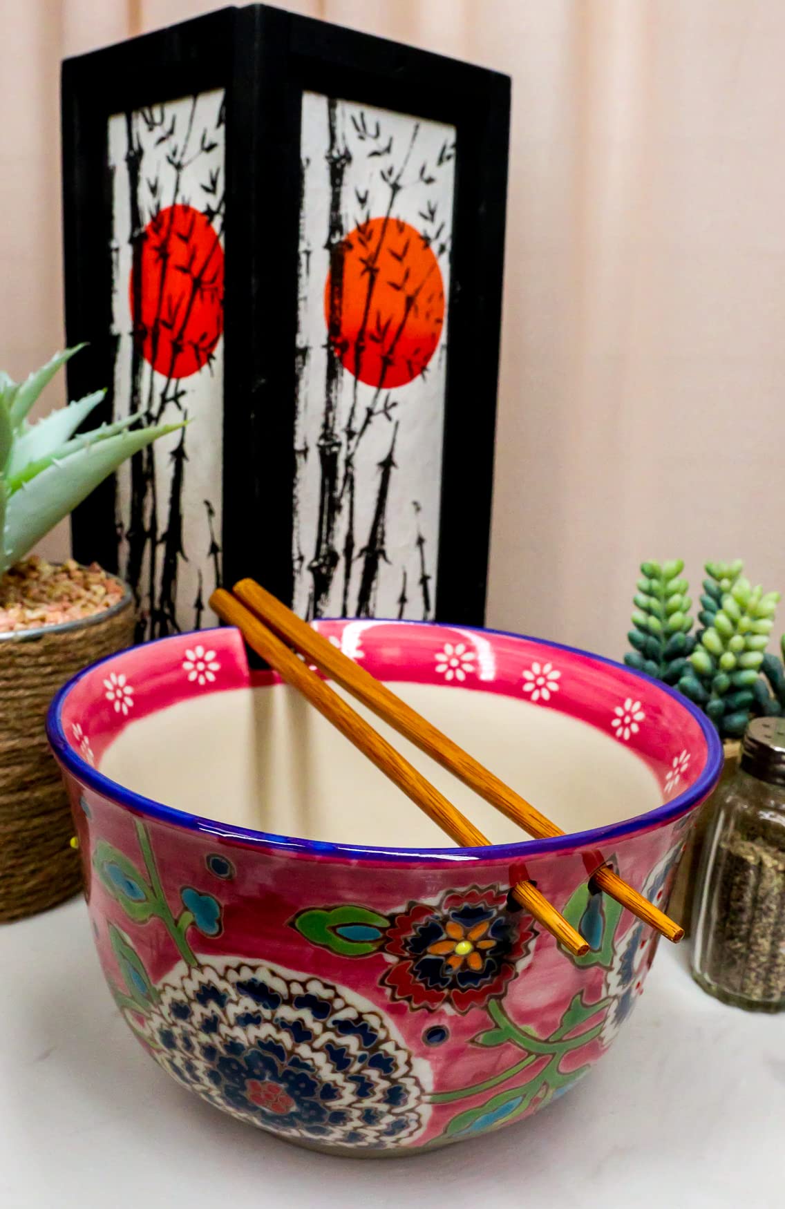 Ebros Mandala Floral Blooms With Pink Polkadot Art Splash Ramen Udon Noodles Large 6.25" Diameter Soup Bowl With Built In Rest and Bamboo Chopsticks Set for Rice Pasta Salad