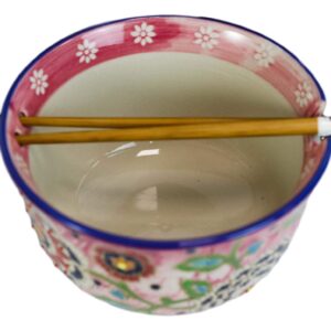 Ebros Mandala Floral Blooms With Pink Polkadot Art Splash Ramen Udon Noodles Large 6.25" Diameter Soup Bowl With Built In Rest and Bamboo Chopsticks Set for Rice Pasta Salad