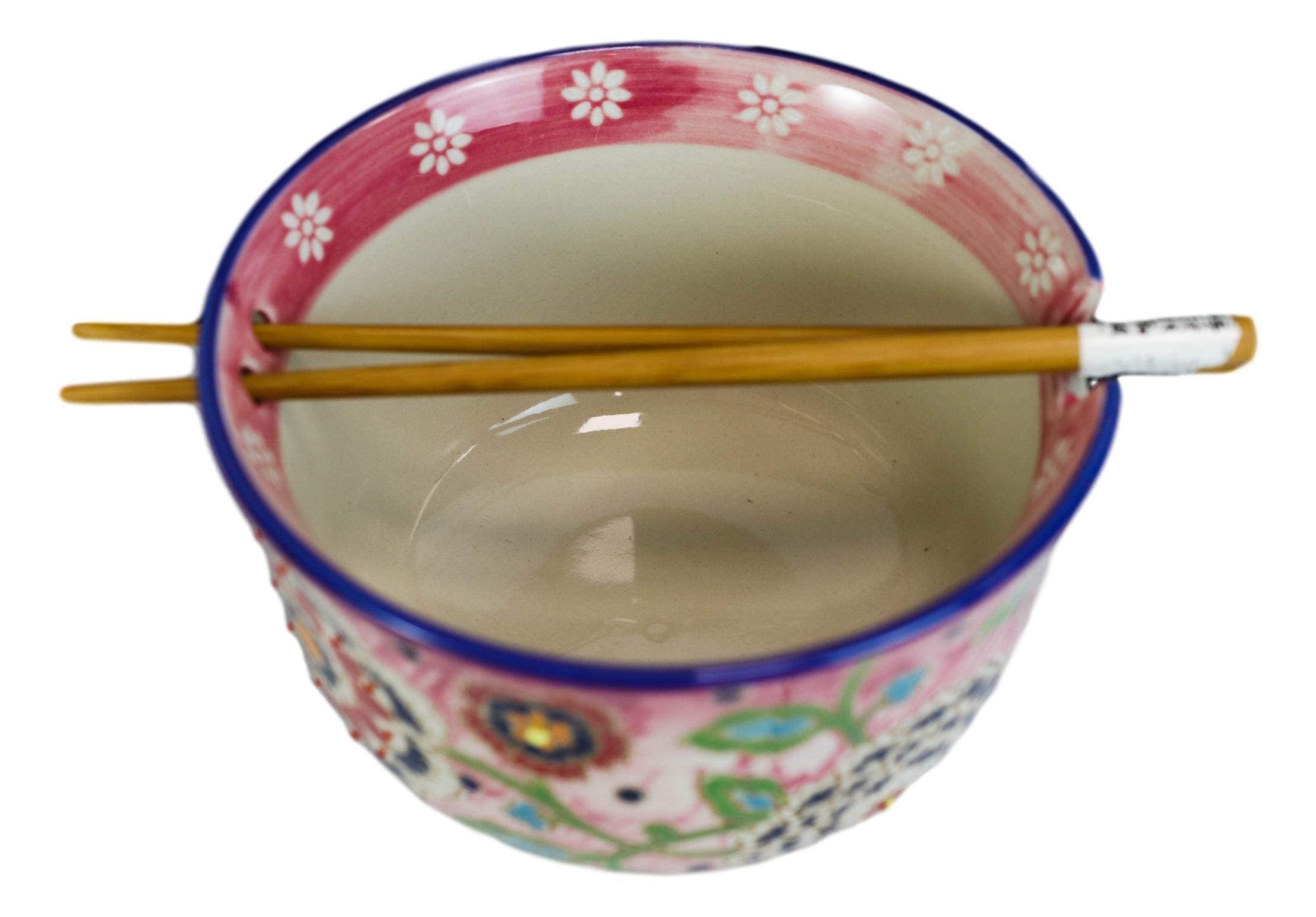 Ebros Mandala Floral Blooms With Pink Polkadot Art Splash Ramen Udon Noodles Large 6.25" Diameter Soup Bowl With Built In Rest and Bamboo Chopsticks Set for Rice Pasta Salad