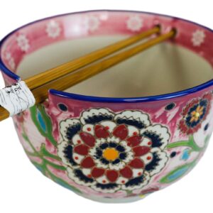 Ebros Mandala Floral Blooms With Pink Polkadot Art Splash Ramen Udon Noodles Large 6.25" Diameter Soup Bowl With Built In Rest and Bamboo Chopsticks Set for Rice Pasta Salad