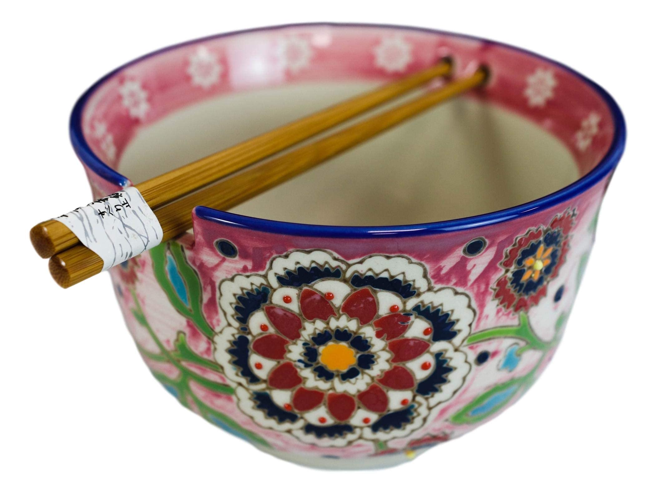 Ebros Mandala Floral Blooms With Pink Polkadot Art Splash Ramen Udon Noodles Large 6.25" Diameter Soup Bowl With Built In Rest and Bamboo Chopsticks Set for Rice Pasta Salad