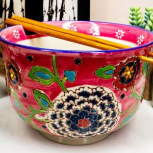 Ebros Mandala Floral Blooms With Pink Polkadot Art Splash Ramen Udon Noodles Large 6.25" Diameter Soup Bowl With Built In Rest and Bamboo Chopsticks Set for Rice Pasta Salad