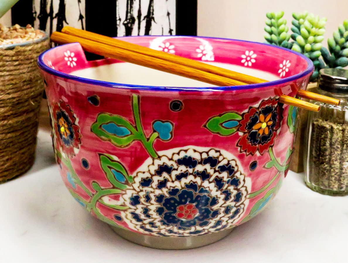 Ebros Mandala Floral Blooms With Pink Polkadot Art Splash Ramen Udon Noodles Large 6.25" Diameter Soup Bowl With Built In Rest and Bamboo Chopsticks Set for Rice Pasta Salad