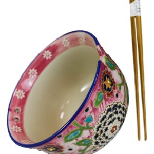 Ebros Mandala Floral Blooms With Pink Polkadot Art Splash Ramen Udon Noodles Large 6.25" Diameter Soup Bowl With Built In Rest and Bamboo Chopsticks Set for Rice Pasta Salad